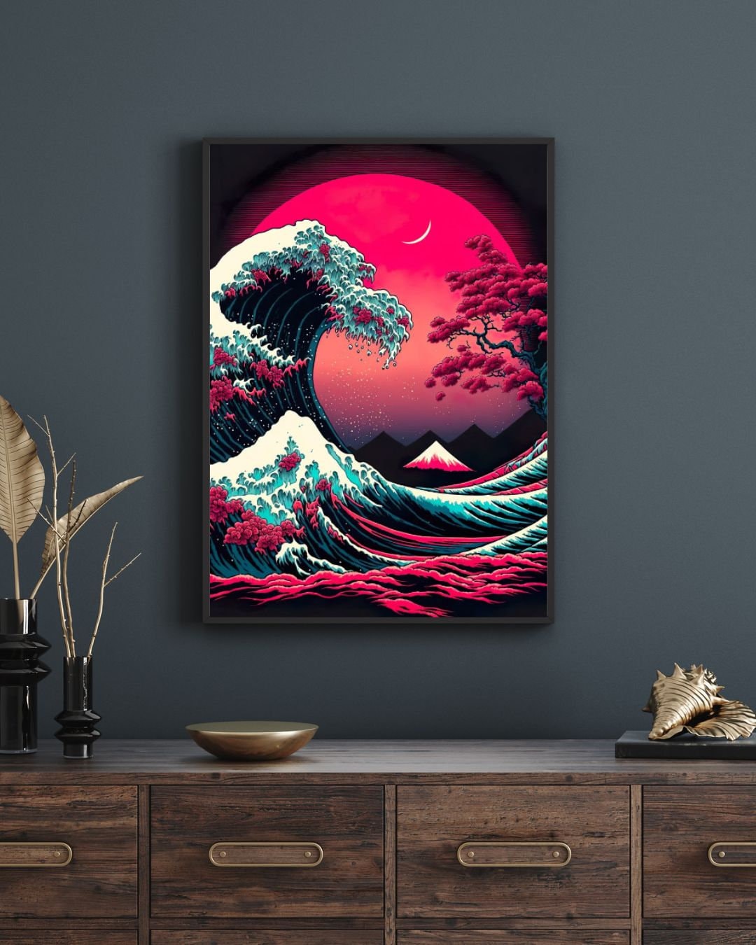 Cyberpunk Synthwave Vaporwave Great Wave Beach Sunset Cherry Blossom in ...