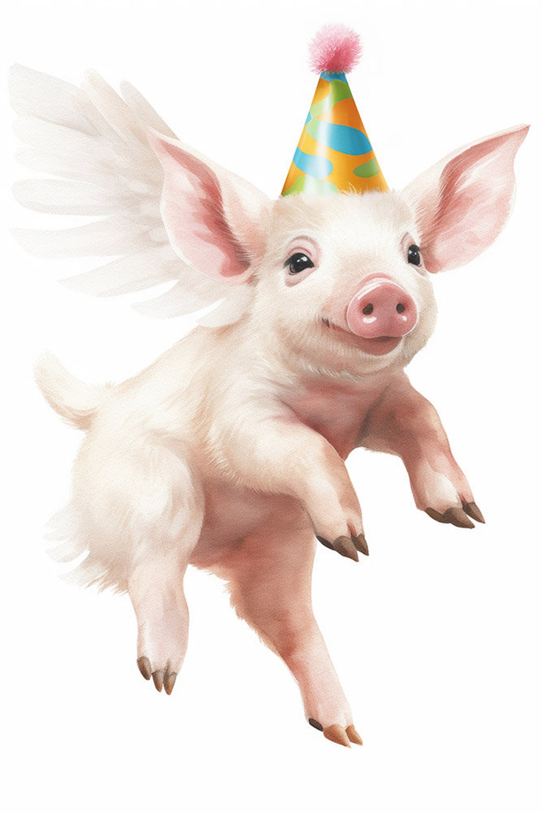 Pig Flying Birthday Party Hat Watercolor Painting Piglet Wings Digital ...