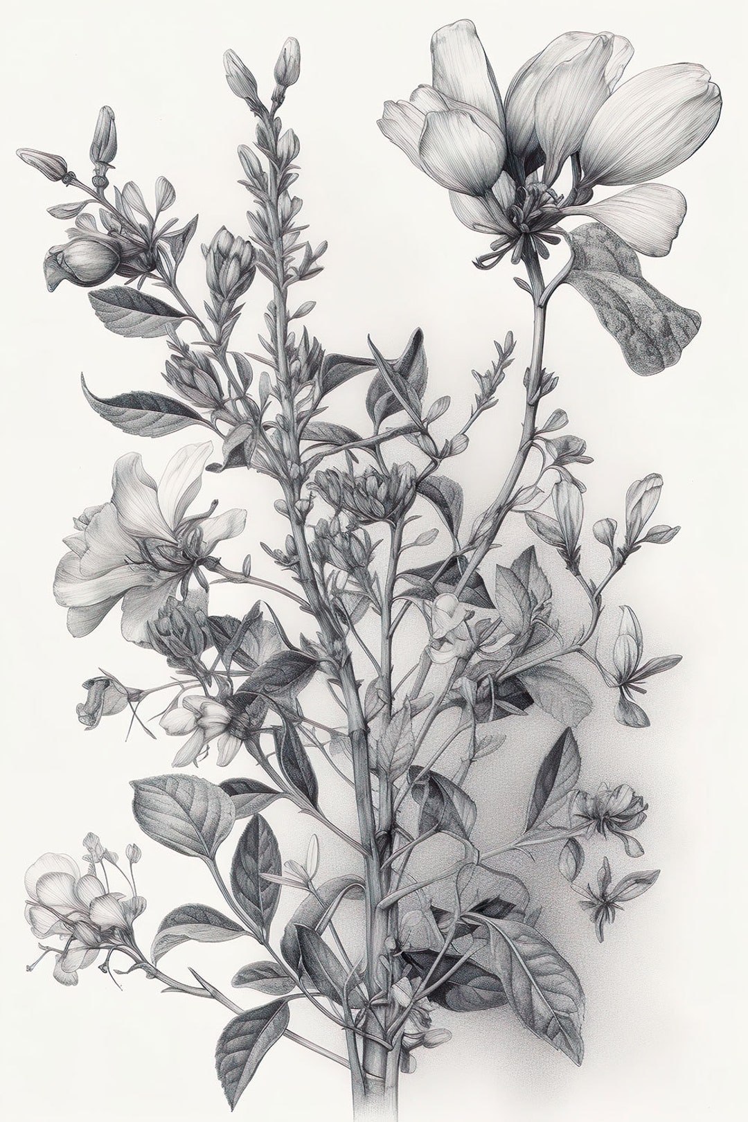 Botanical Illustration Pencil Drawing Flowers 2 Digital Download Print ...