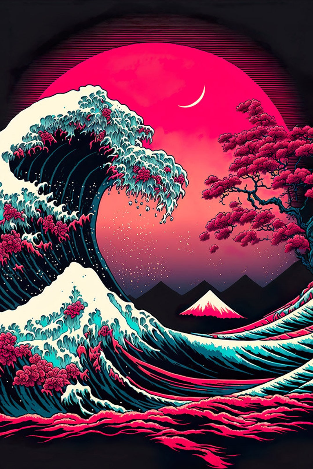 Cyberpunk Synthwave Vaporwave Great Wave Beach Sunset Cherry Blossom in ...