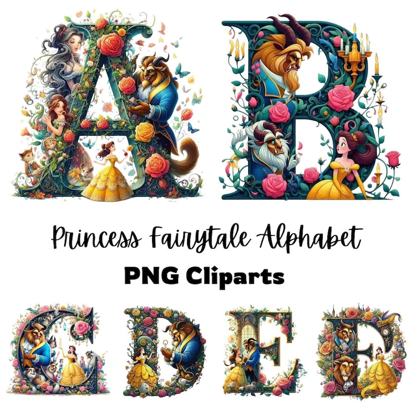 Princess Fairytale Alphabet PNG Clipart Bundle, Floral Letter Monogram ...