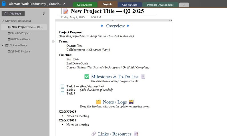 Onenote Work Productivity Planner: Projects, Meetings, Personal Growth ...