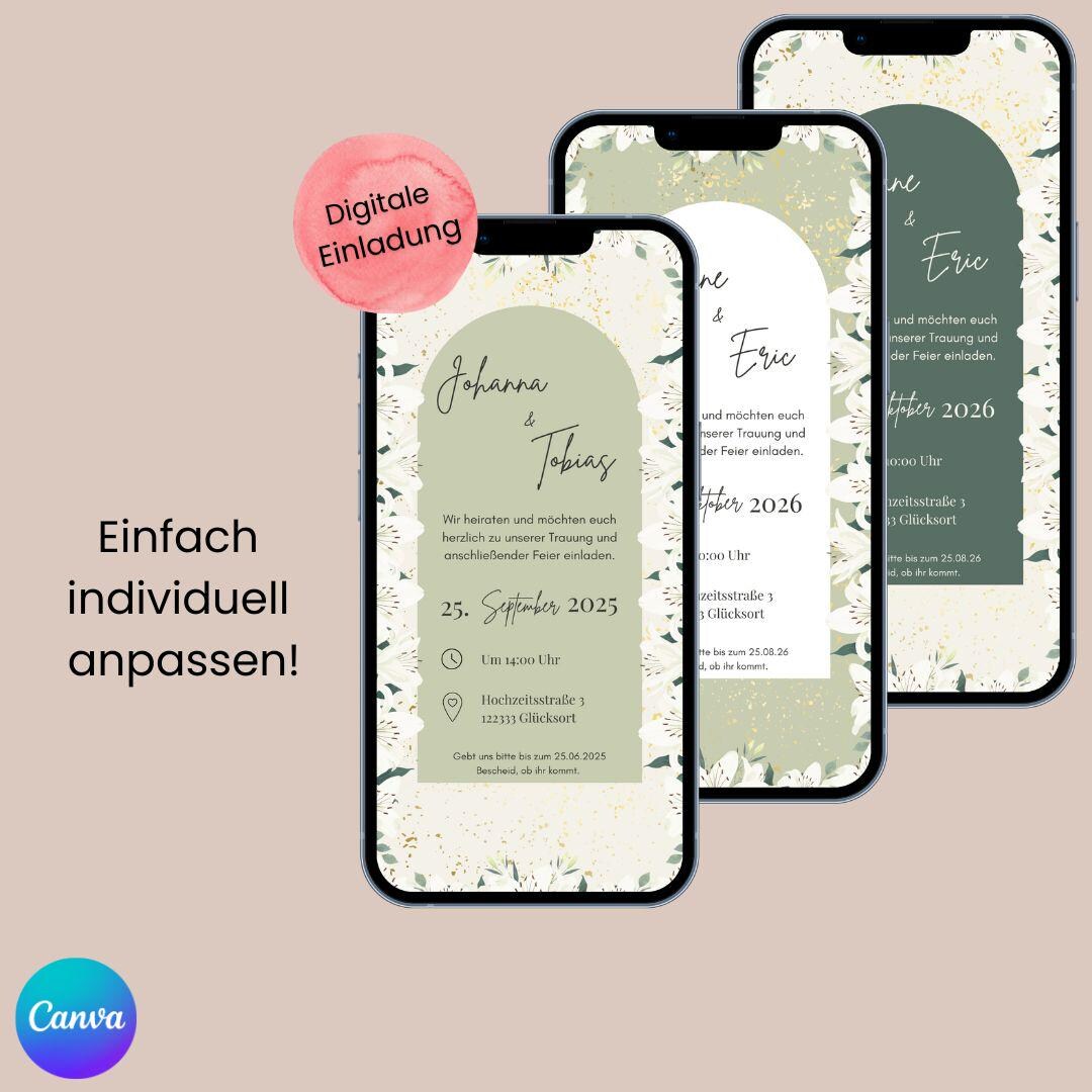 Digital Invitation, Wedding Invitation Floral Pattern, Green Tones ...