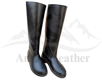 Handmade German Officer Leather Long Boot Rounded Toe With Leather Sole ...