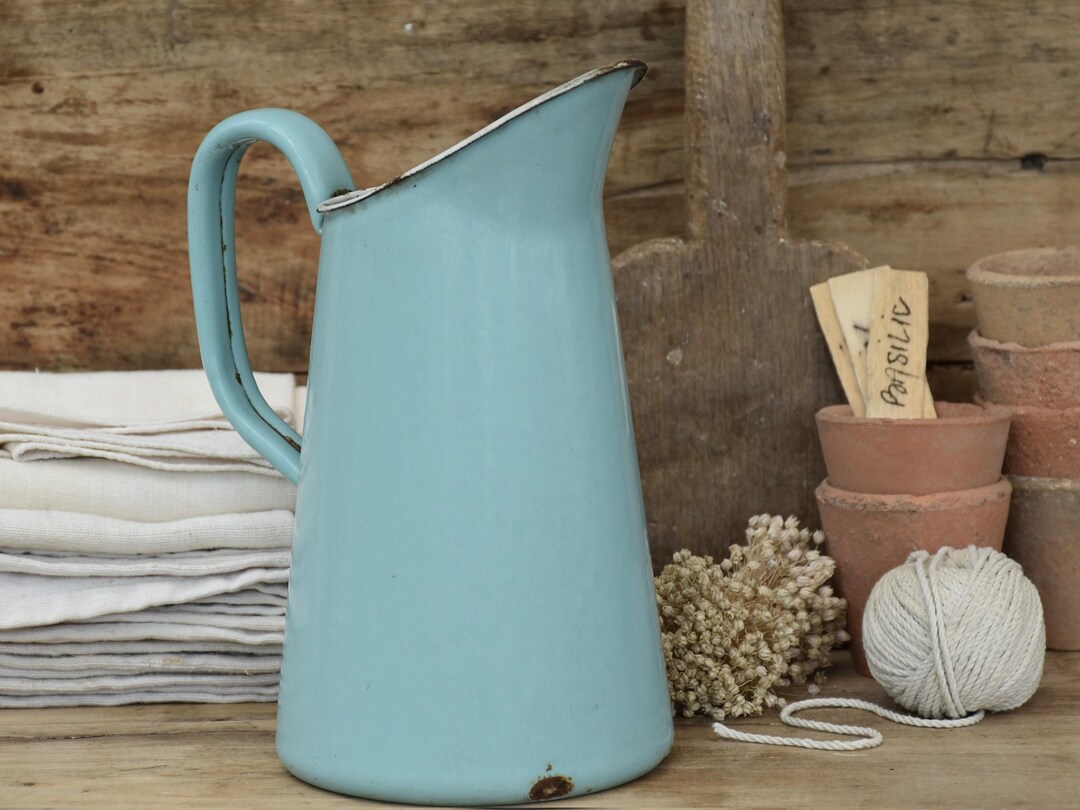 Pastel Green Enamelware Pitcher : Water Jug - Metal Flower Vase Vintage ...