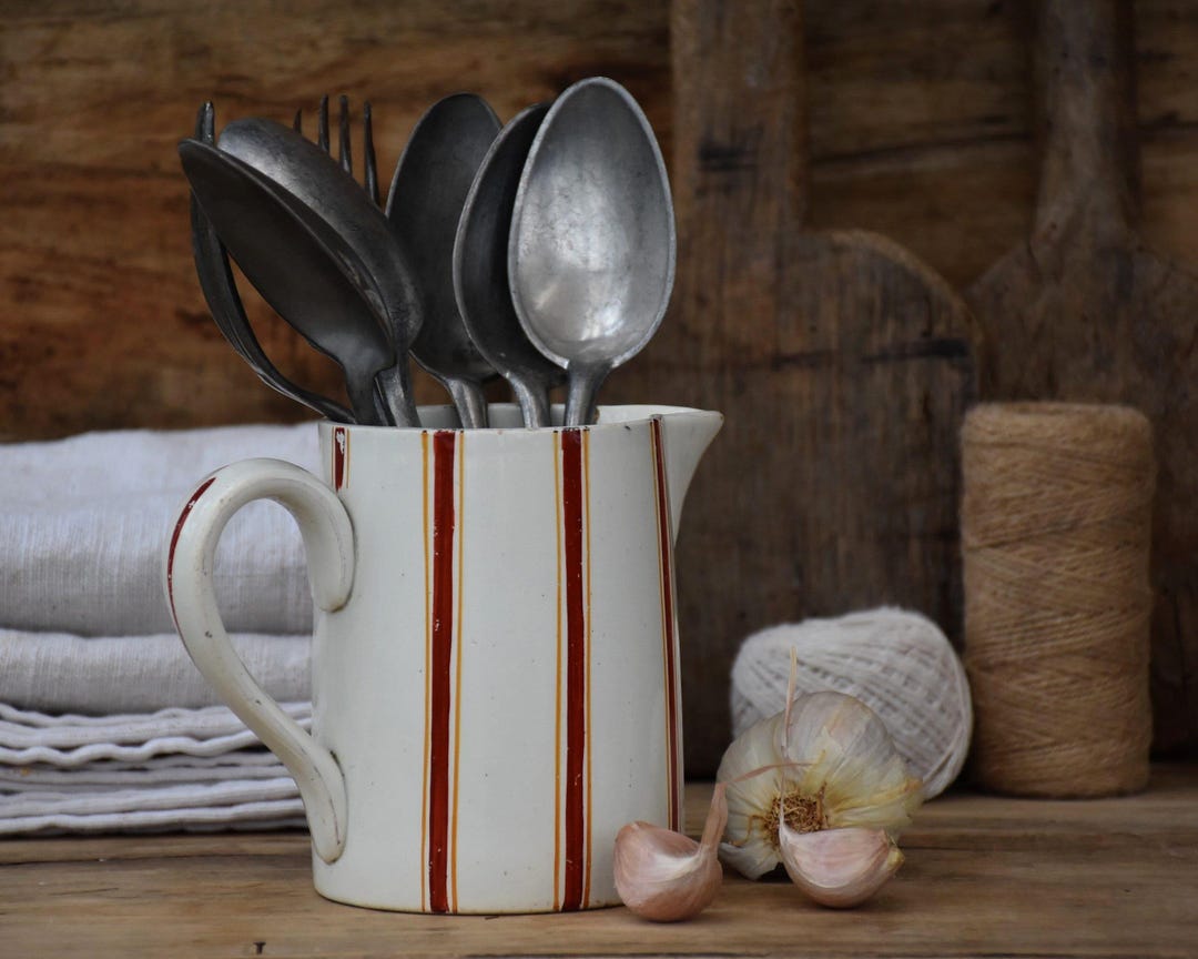Small Ceramic Pitcher Vase : Kitchen Utensil Holder - White and Red Pot ...