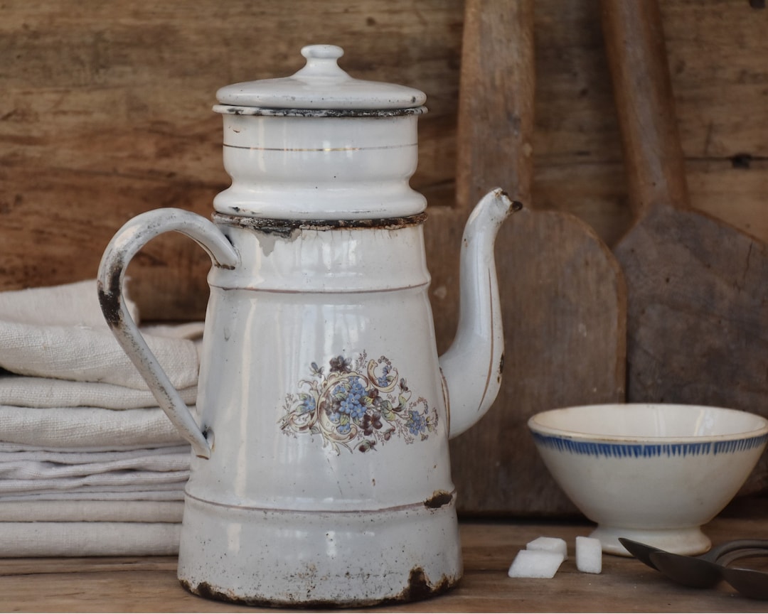 White Enamel Coffee Pot With Flower Pattern for Farmhouse Kitchen Decor ...