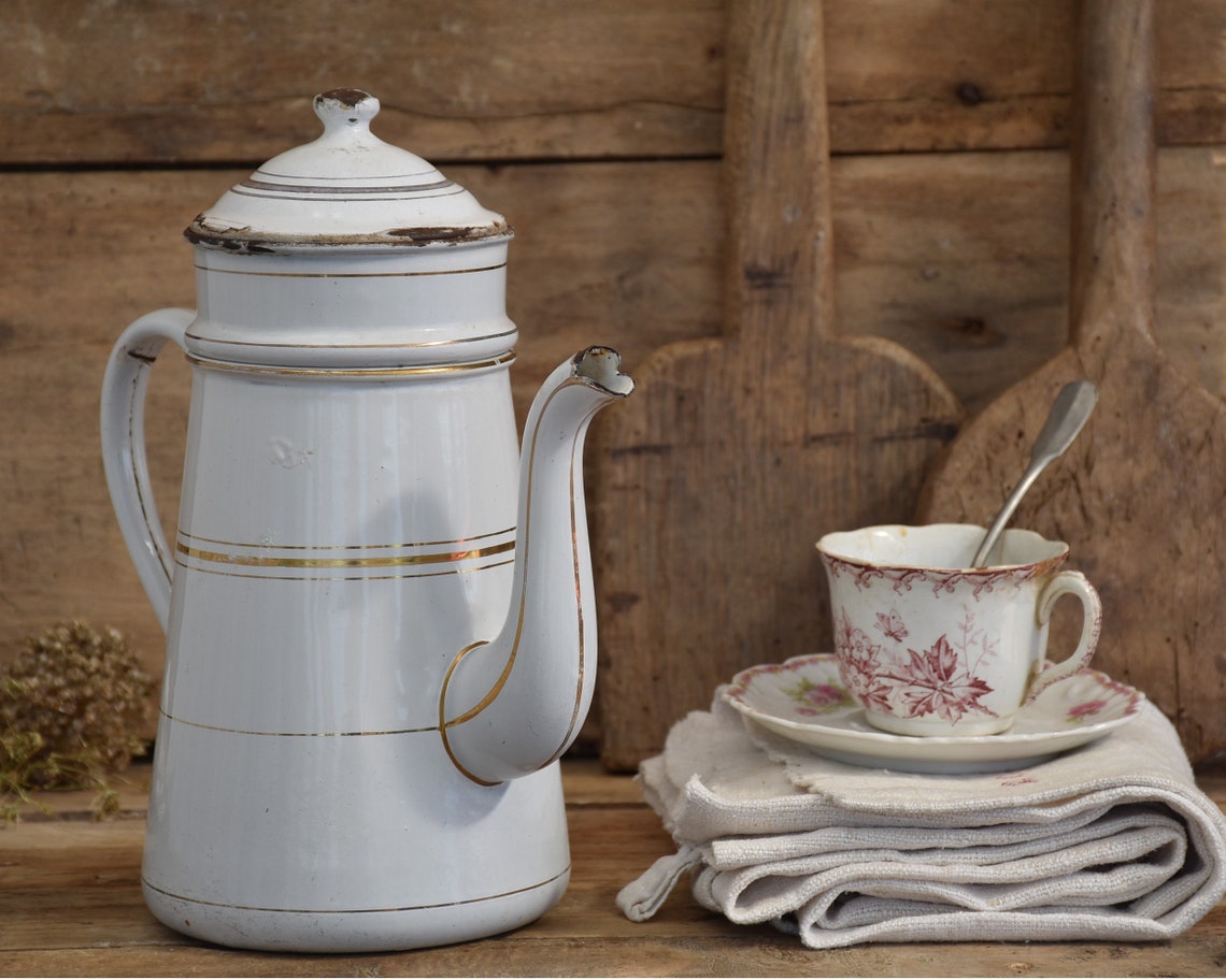 Vintage White Enamel Coffee Pot Rustic Kitchen Home Decor - Etsy