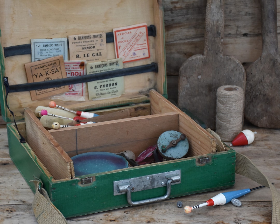Vintage Wooden Fishing Tackle Box With Equipments : Vintage Gift for ...