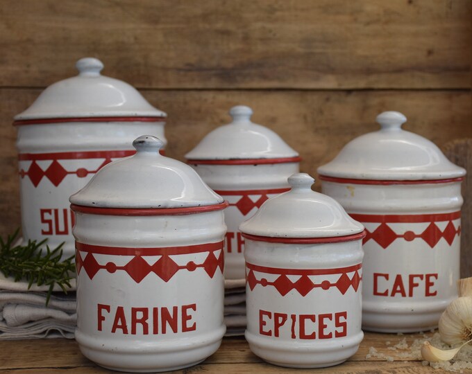 Red and White Enamel Canisters Set Vintage Farmhouse Kitchen Shelf ...
