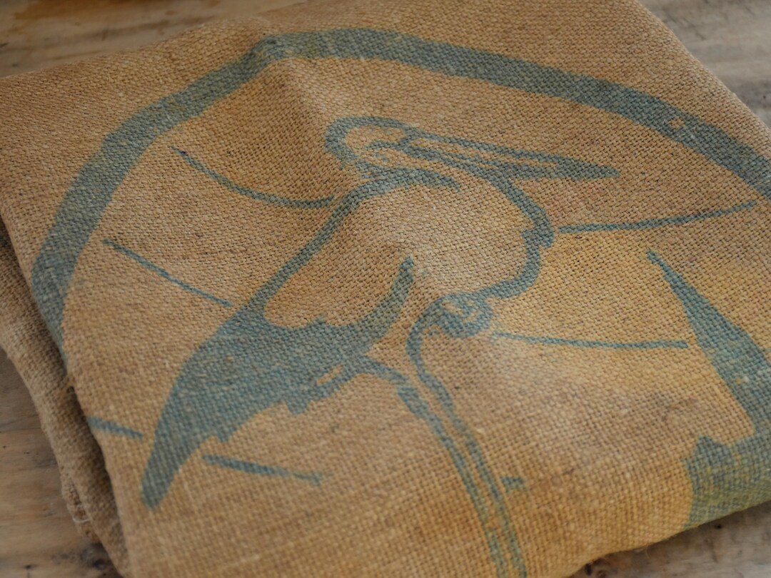 Antique Jute Sack Alsace Stork Green Print Burlap Fabric Industrial ...