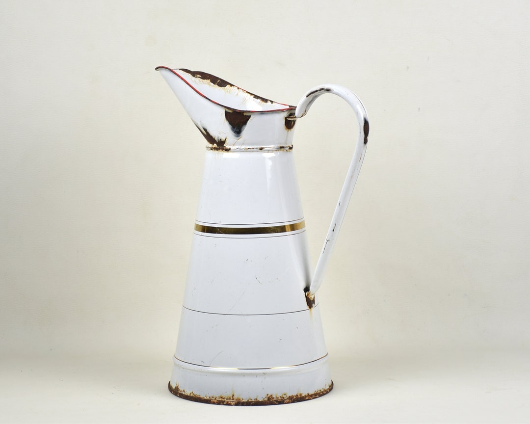 French Enamel Pitcher Vintage - Metal Pouring Jug - White Enamelware ...