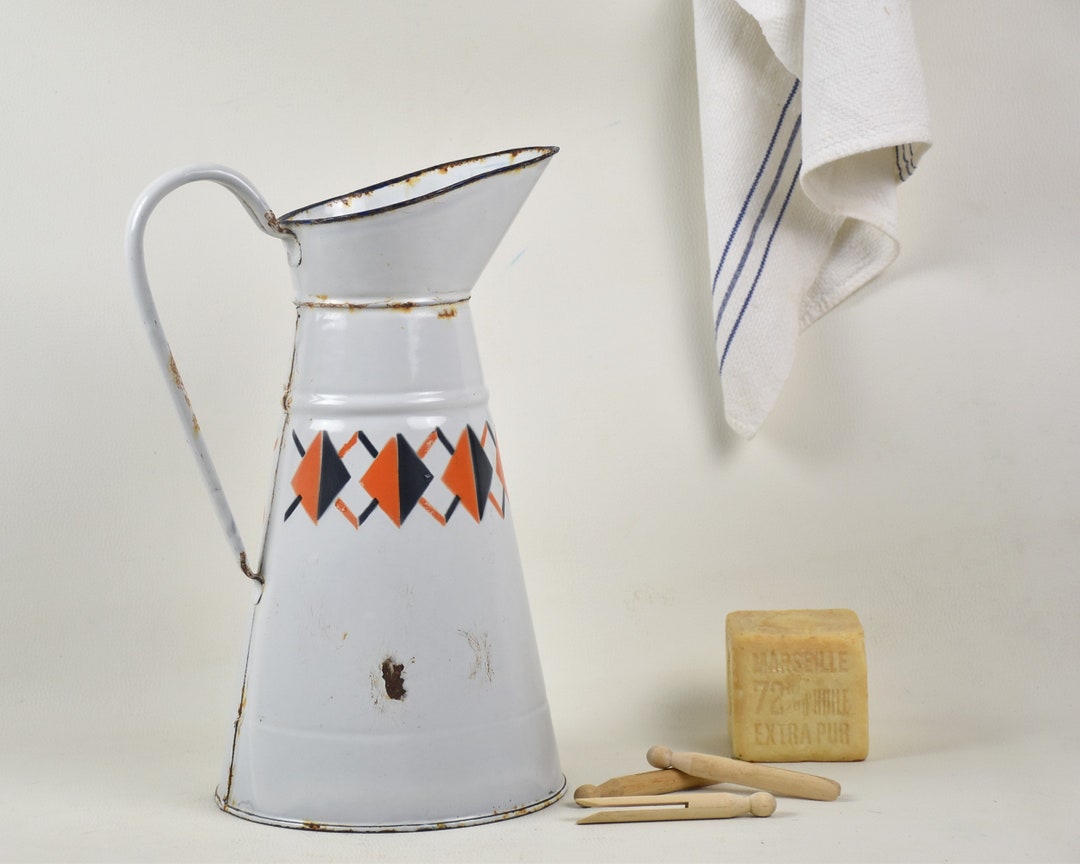 White Enamel Pitcher Jug With Pattern : Metal Vase for Patio Decor ...