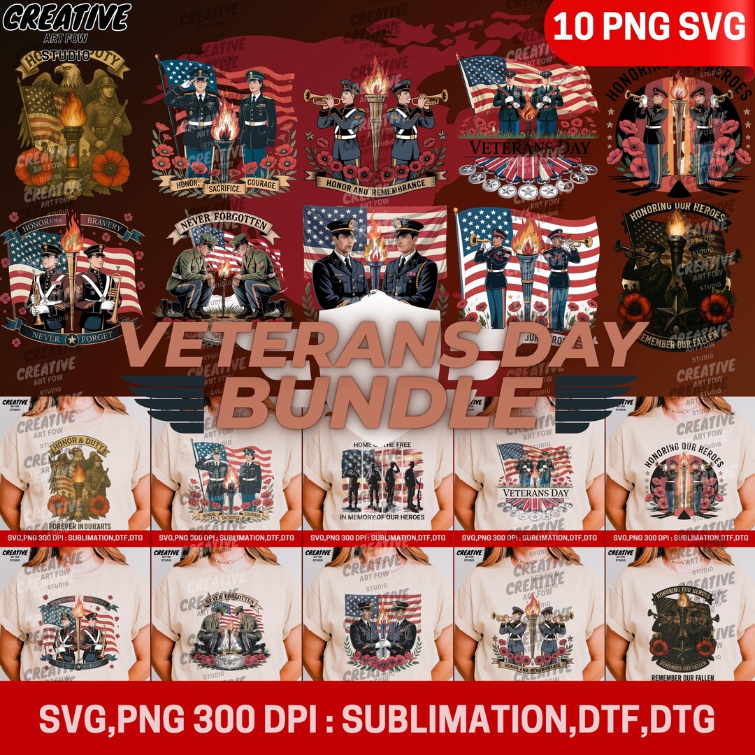 Veterans Day PNG Bundle | Military Tribute Sublimation | Honor and ...