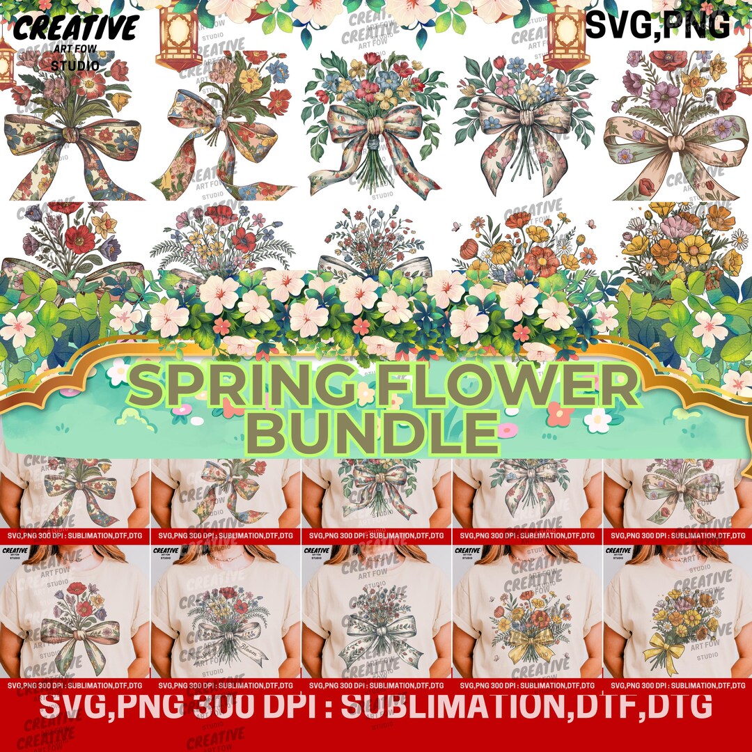 Spring Flower Bundle Png | Vintage Floral Bow Clipart | 300 DPI Sublimation Designs for Shirts ...