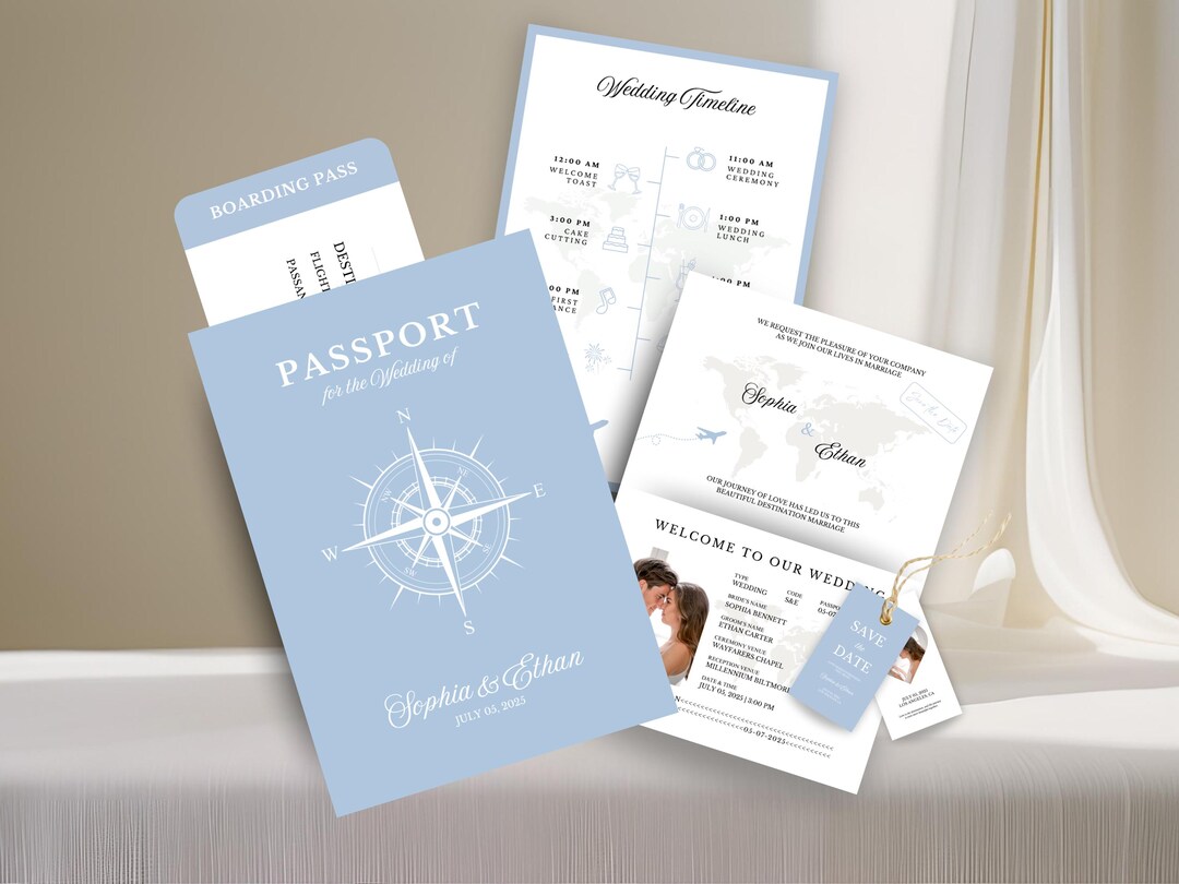 Blue Passport Wedding Invitation Template: Travel Theme (canva Digital ...