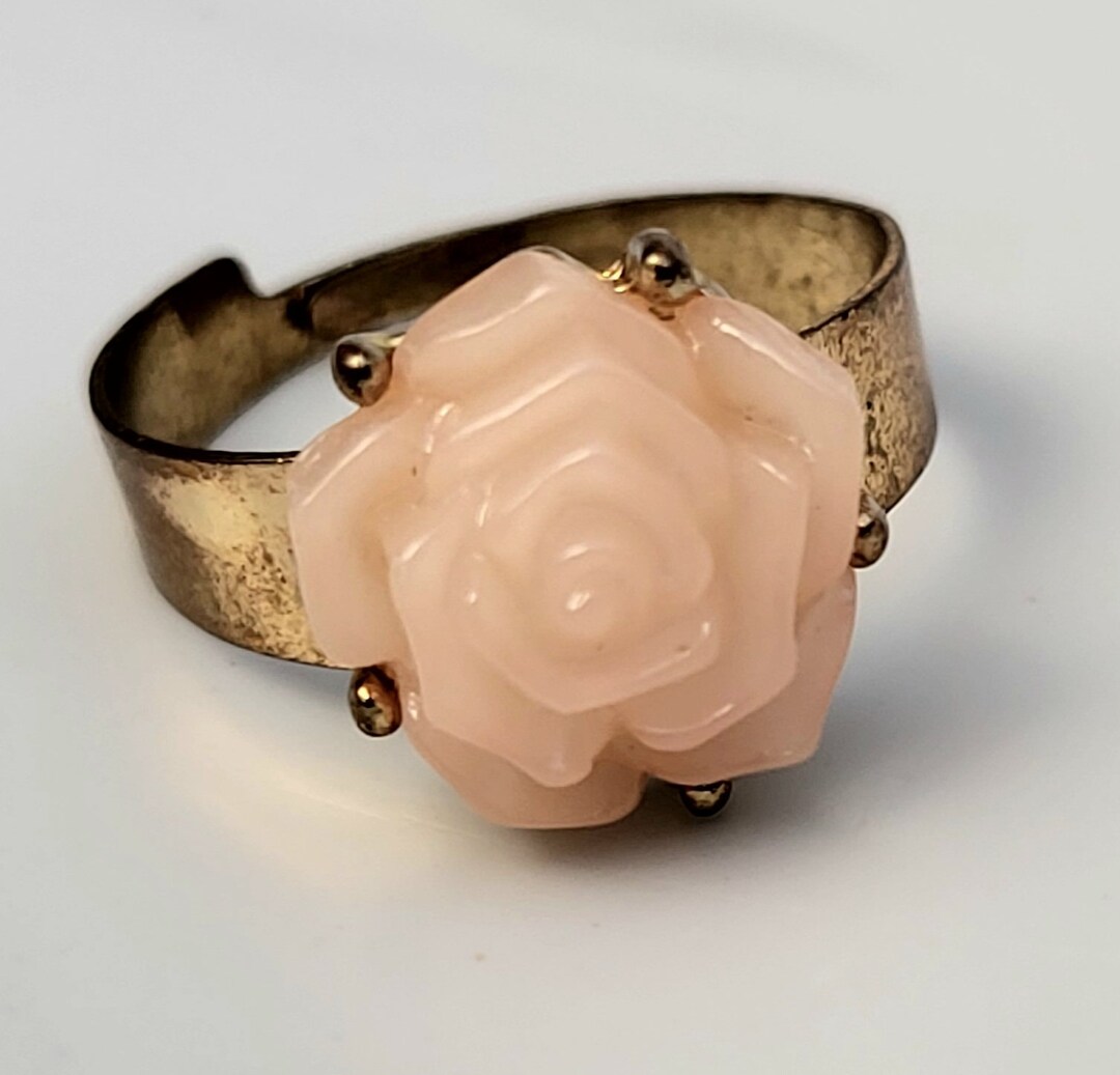 Waxy Acrylic Peach Rose Prong Set Vintage Adjustable Brass Ring - Etsy