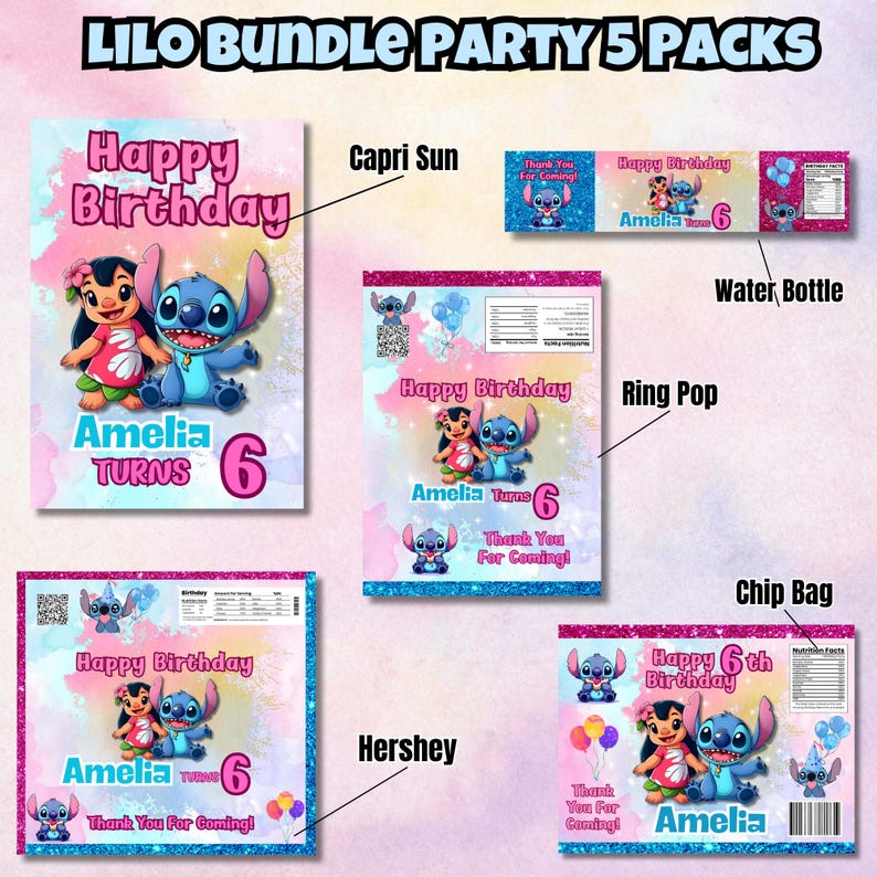 Editable Lilo Birthday 5 Party Pack Bundle, Lilo & Stitch Party Favors ...