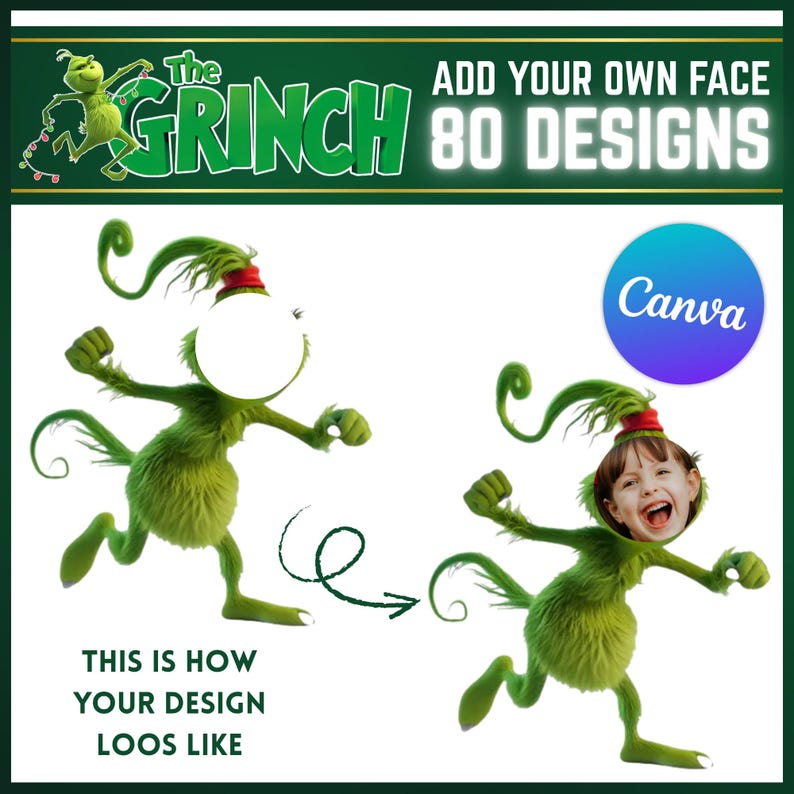 Grinch Christmas Face-in-hole Template, Add Your Photo, 80 Designs ...