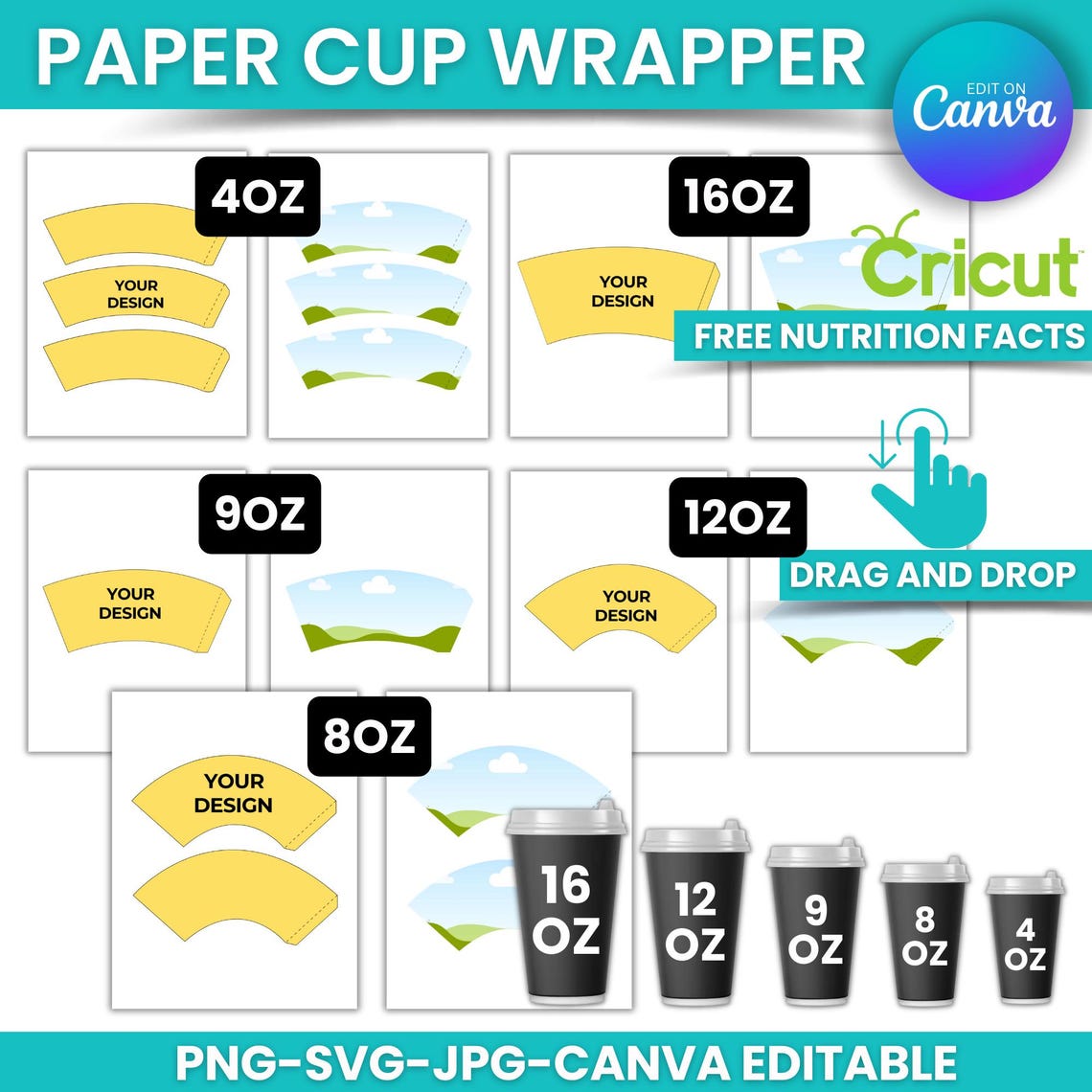 5 Sizes Paper Cup Wrapper Template Bundle, Paper Coffee Cup Template ...