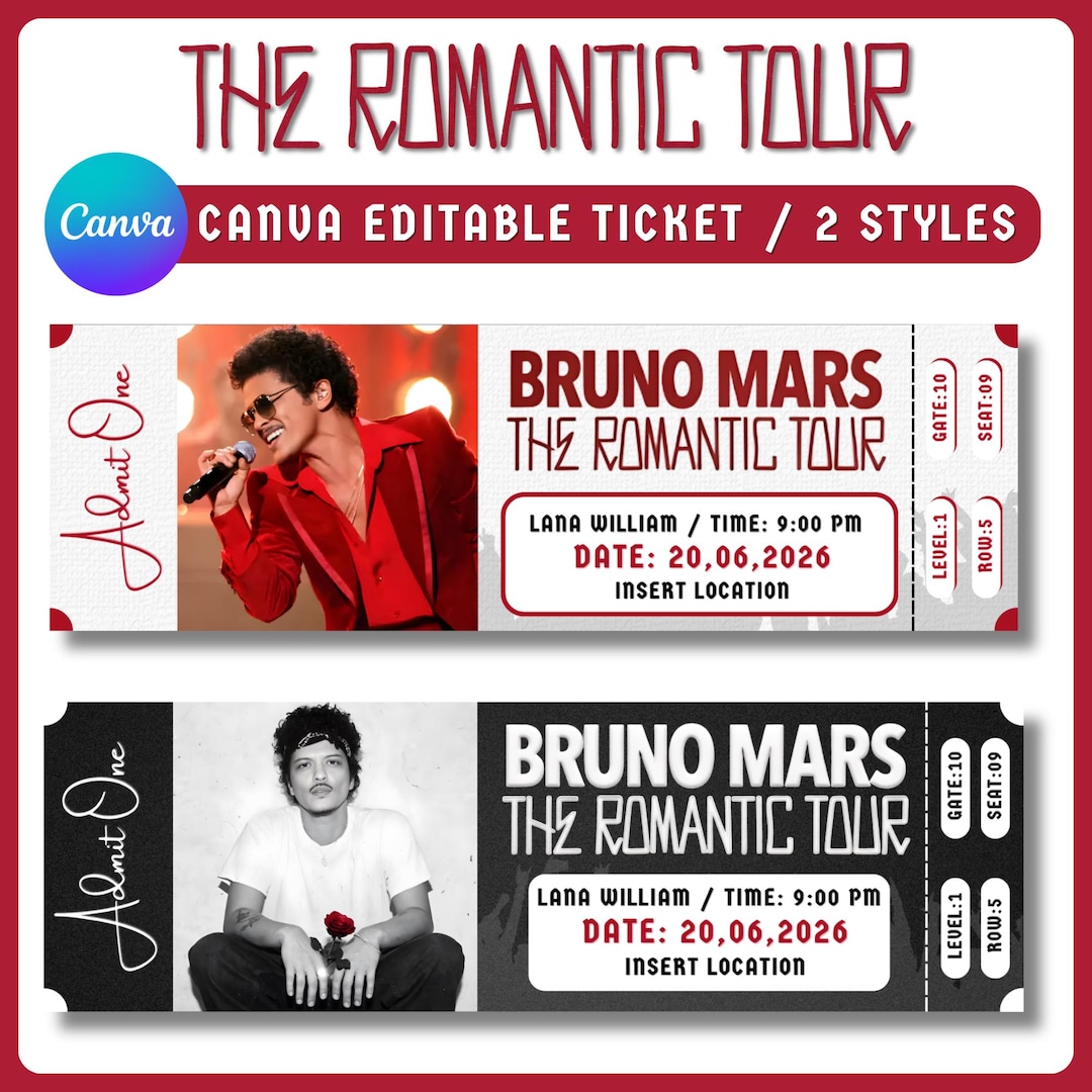 BRUNO MARS the Romantic Tour Editable Concert Ticket Template Canva ...