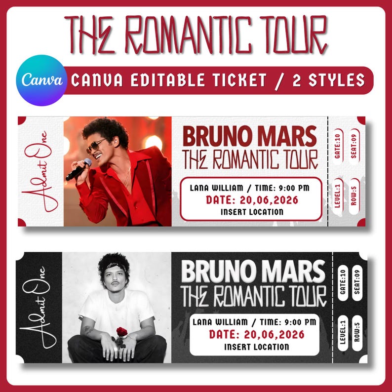 BRUNO MARS the Romantic Tour Editable Concert Ticket Template Canva ...