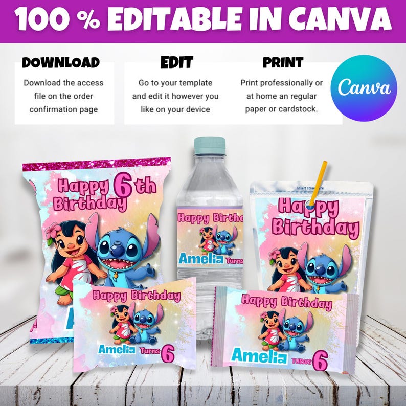 Editable Lilo Birthday 5 Party Pack Bundle, Lilo & Stitch Party Favors ...