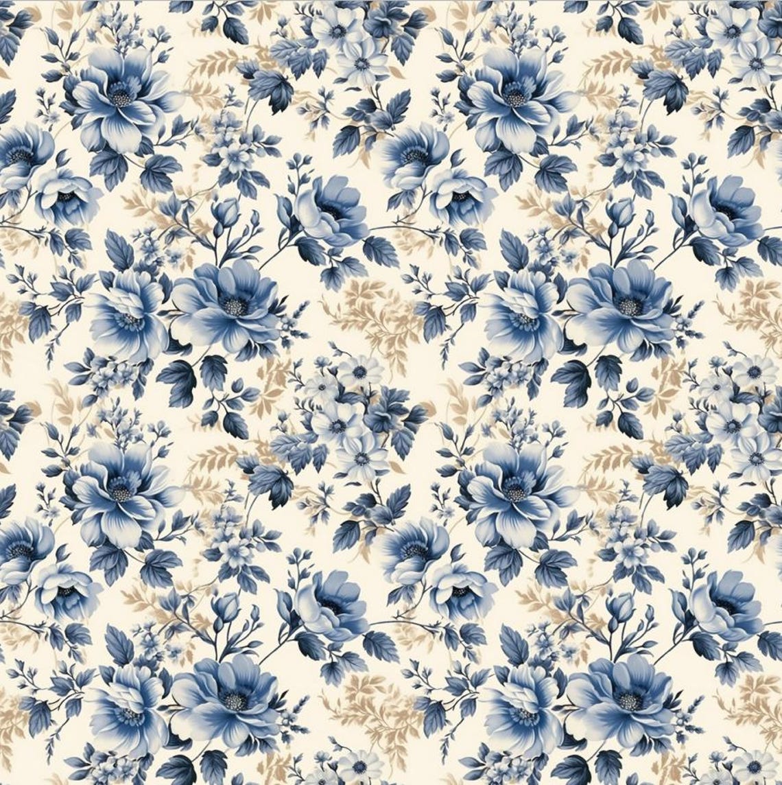 Vintage Blue Floral Cotton Fabric Classic Toile-inspired Cream & Blue ...