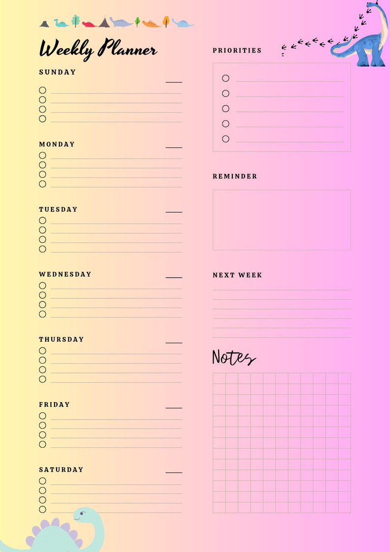 Dinosaur-themed Weekly Planner | Printable Weekly Schedule | Cute ...