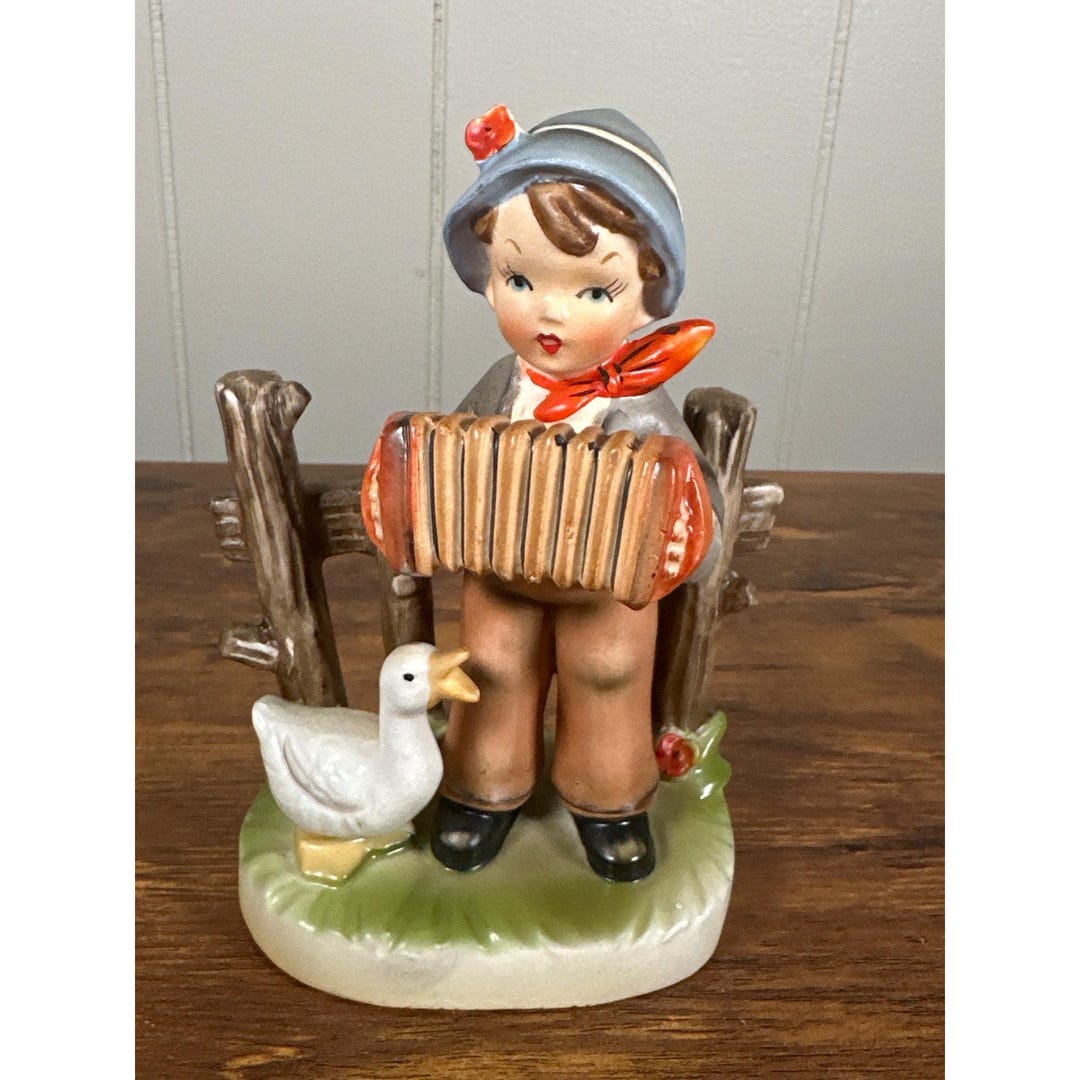 Vintage Hummel Like Figurine Boy Accordion Duck Cottage Core Granny ...
