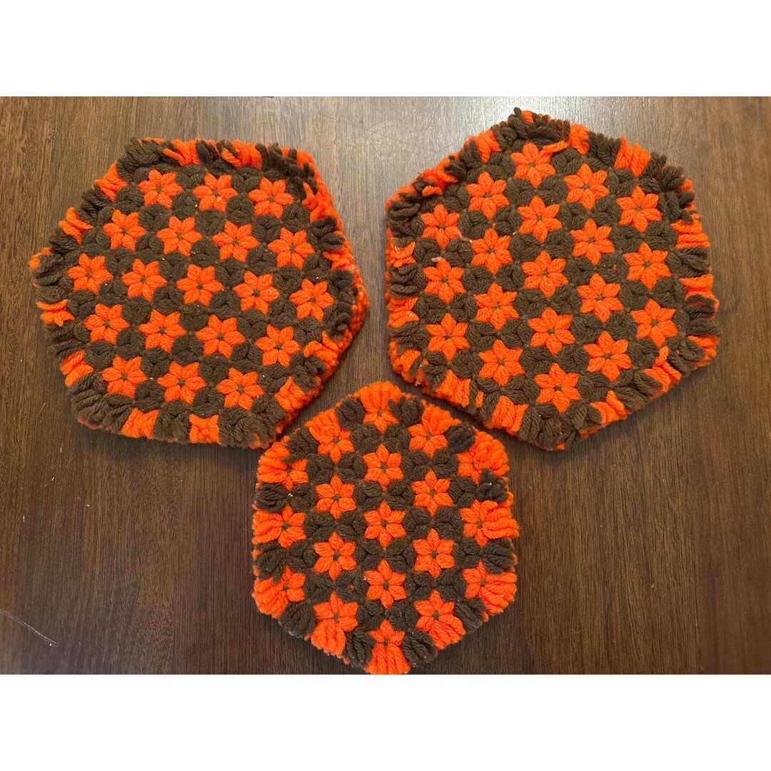 MCM Mid Century Knitted Hot Pads Trivets Orange and Brown Set of 3 - Etsy