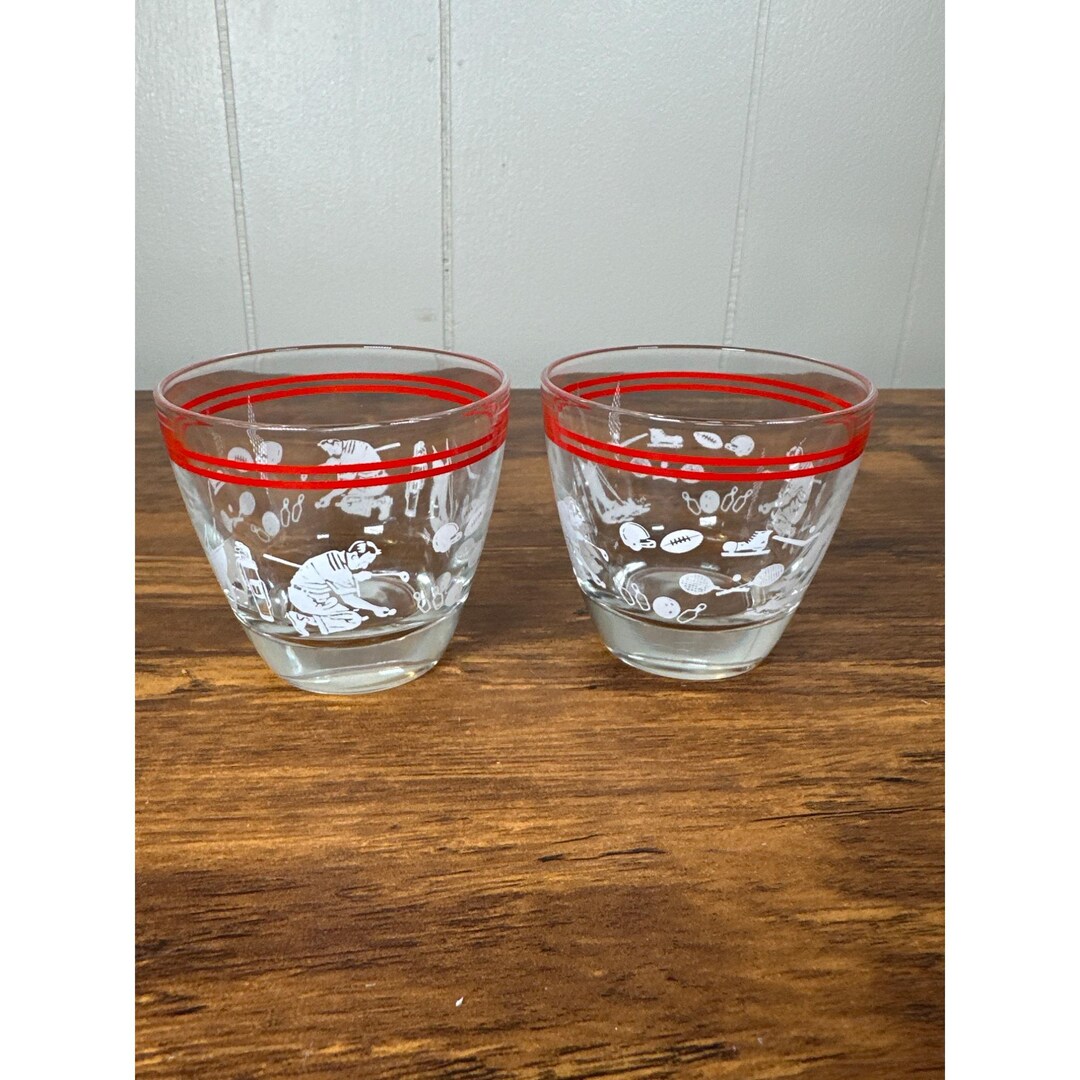Vintage Mid-century Large Shot Glasses Red Stripe Sports Barware - Etsy