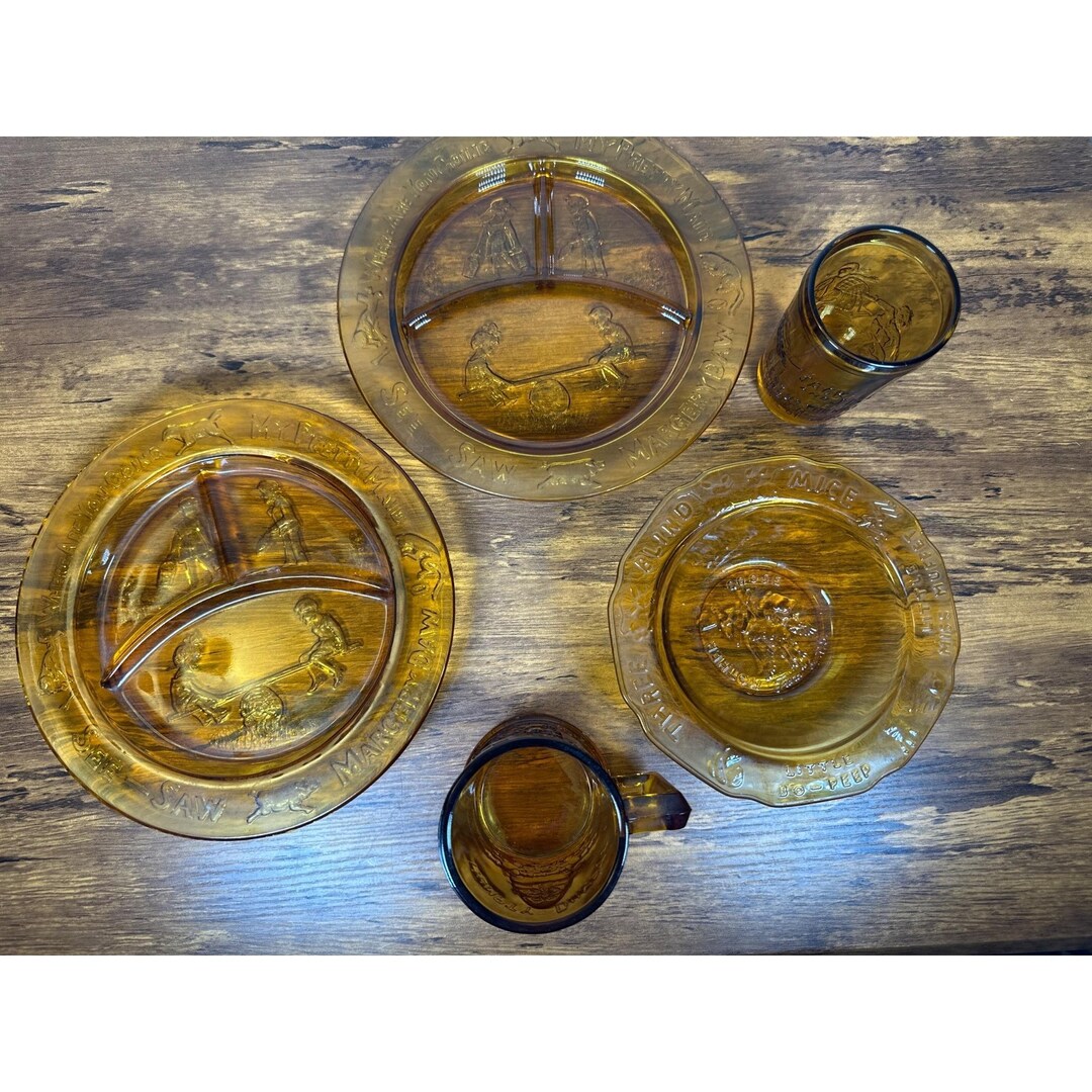 Vintage Tiara Amber Glass Nursery Rhyme Set: Bowl, Mug, Cup and 2 ...