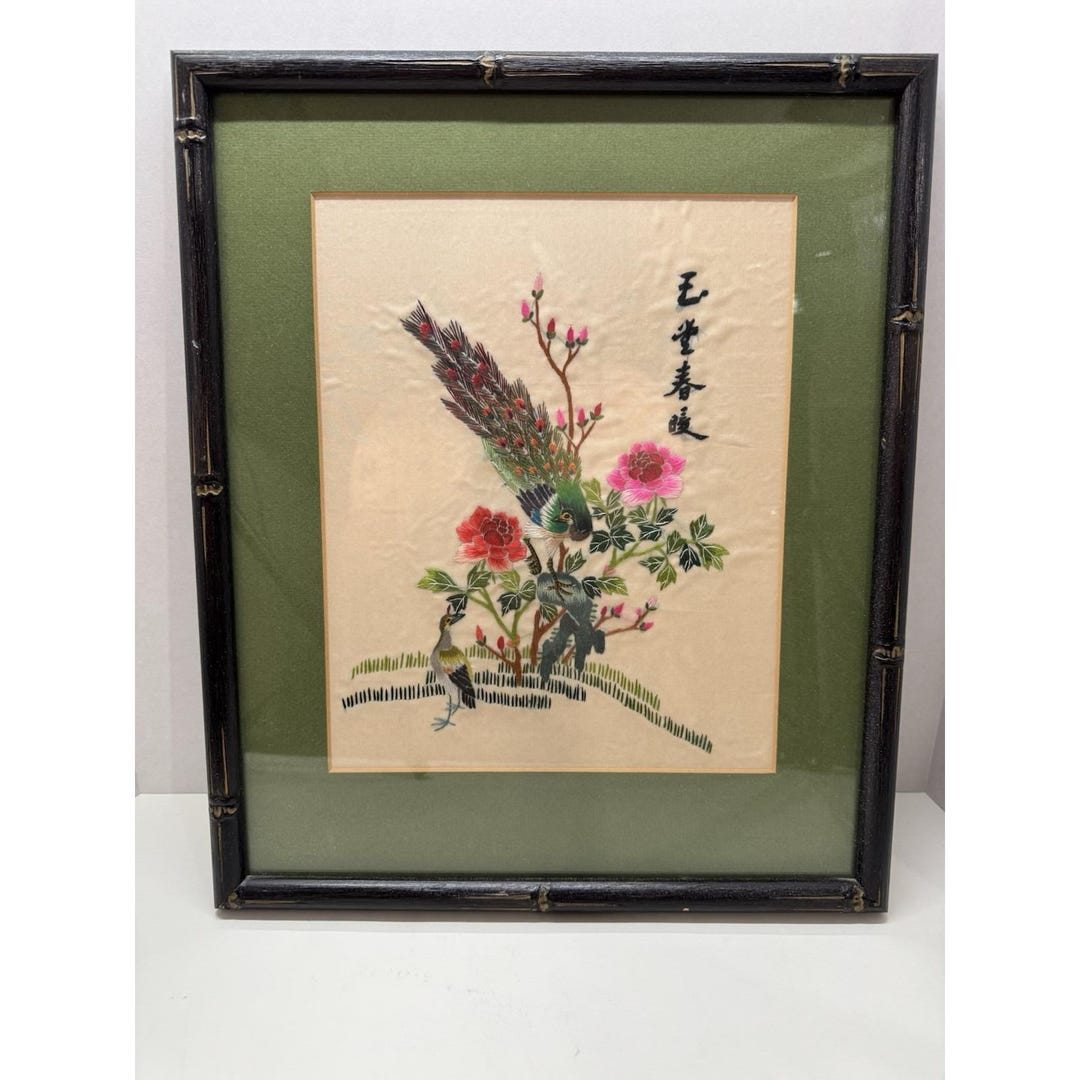Vintage Embroidered Chinese Blue Bird Art on Silk Bamboo Style Frame ...