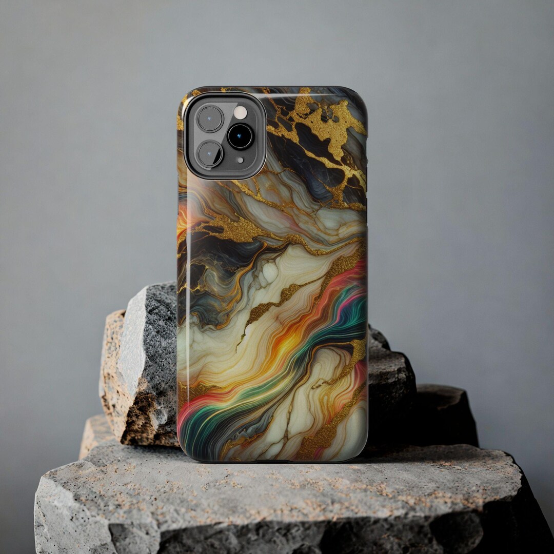 Rainbow Marble Effect Tough iPhone Case, Colorful Phone Cover, Durable ...