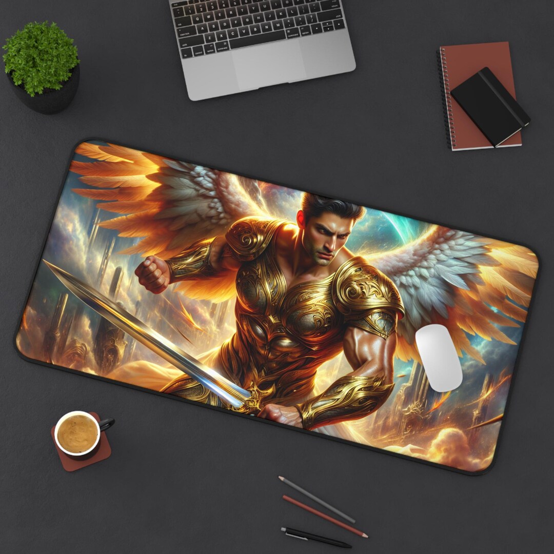 Golden Angel Warrior Desk Mat: Celestial Gaming Office Decor - Etsy