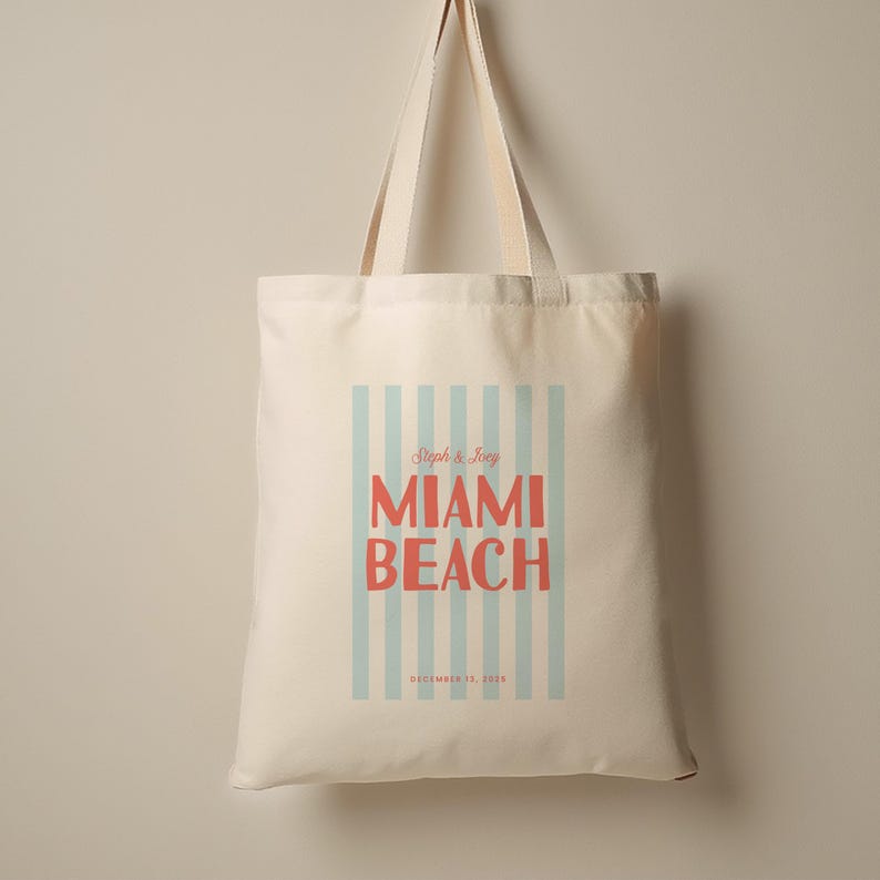 Custom Coastal Striped Tote Bag: Miami Beach Wedding Favor - Etsy