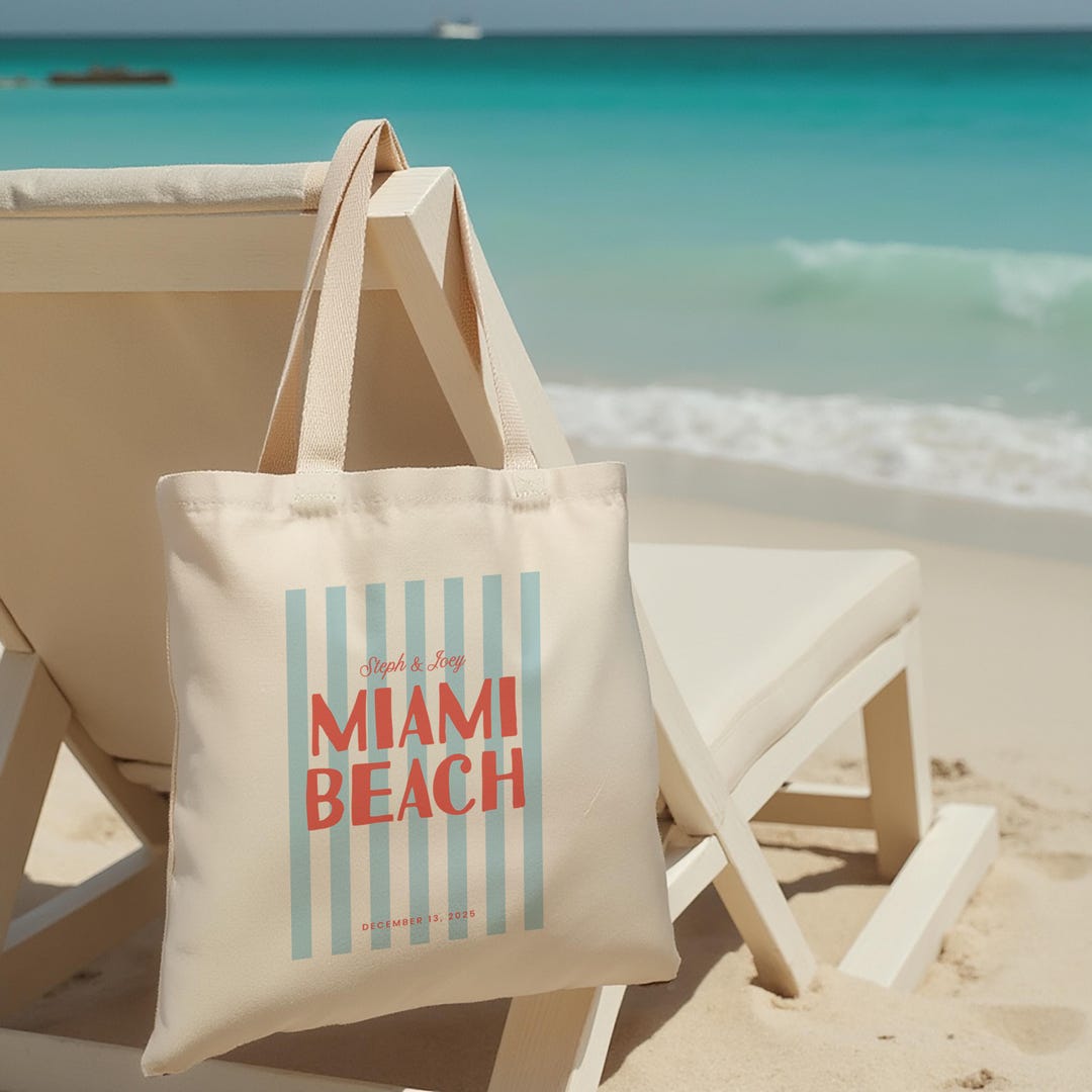 Custom Coastal Striped Tote Bag: Miami Beach Wedding Favor - Etsy