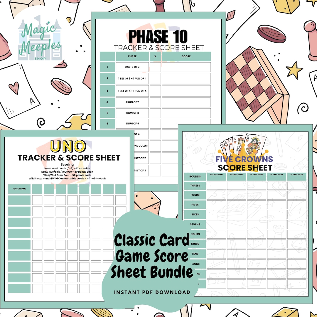 Family Game Night Score Sheets: UNO, Phase 10, Five Crowns - Instant ...