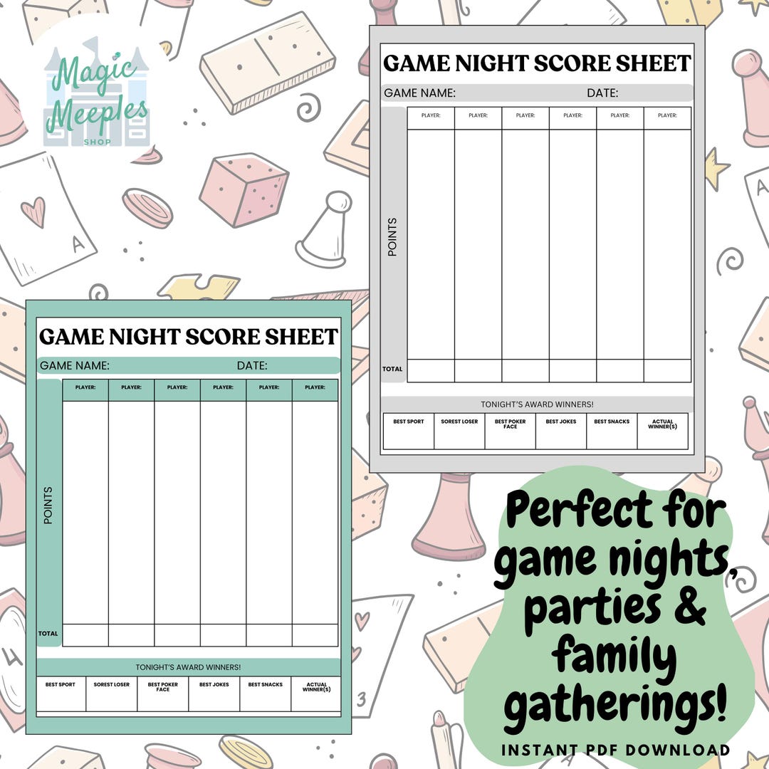 Printable Game Night Score Sheet PDF, Board & Card Games Score Tracker ...