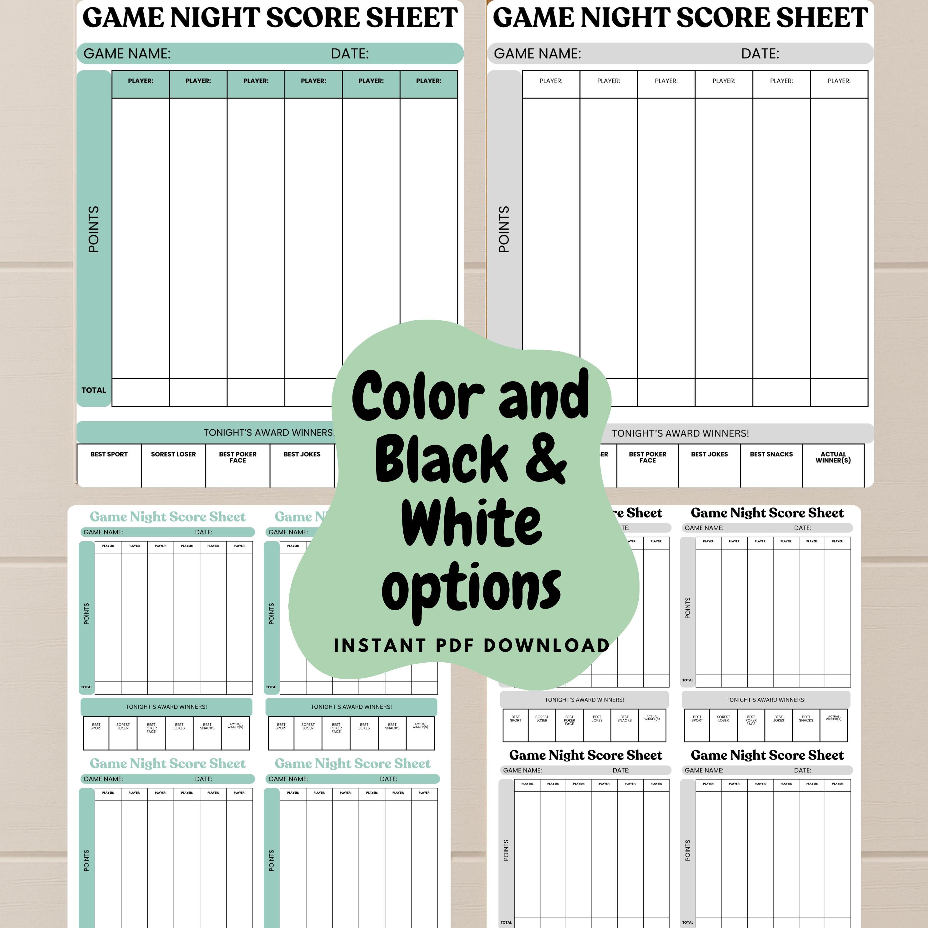Printable Game Night Score Sheet PDF, Board & Card Games Score Tracker ...