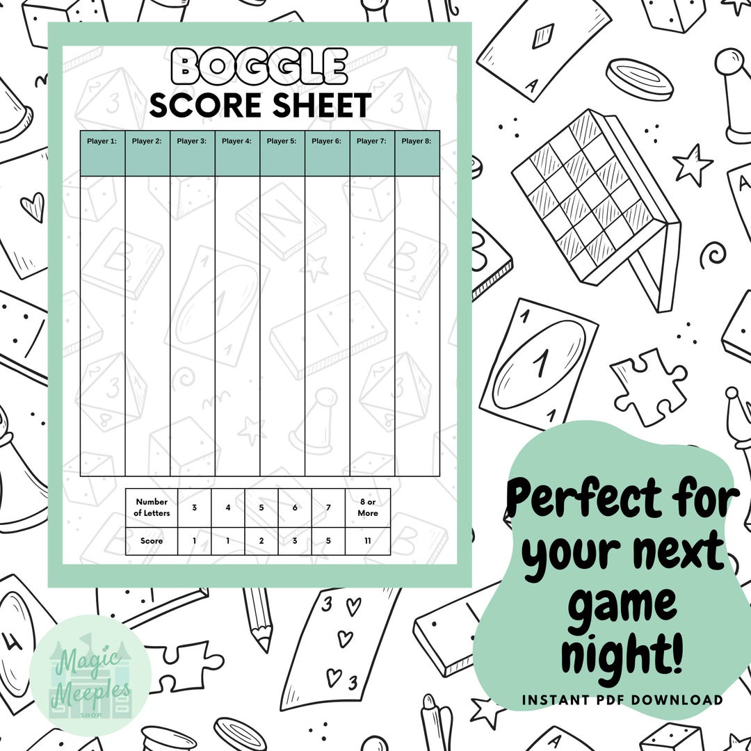 Printable Boggle Score Sheet - Instant Digital Download in PDF Format ...