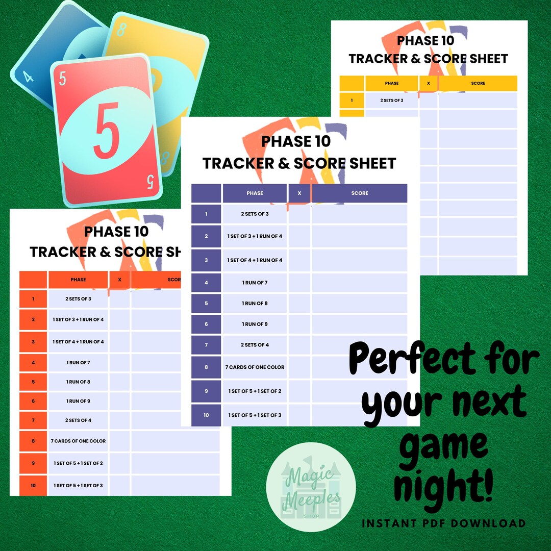 Phase 10 Score Sheet | Printable Phase 10 Tracker | Phase 10 Game Night ...