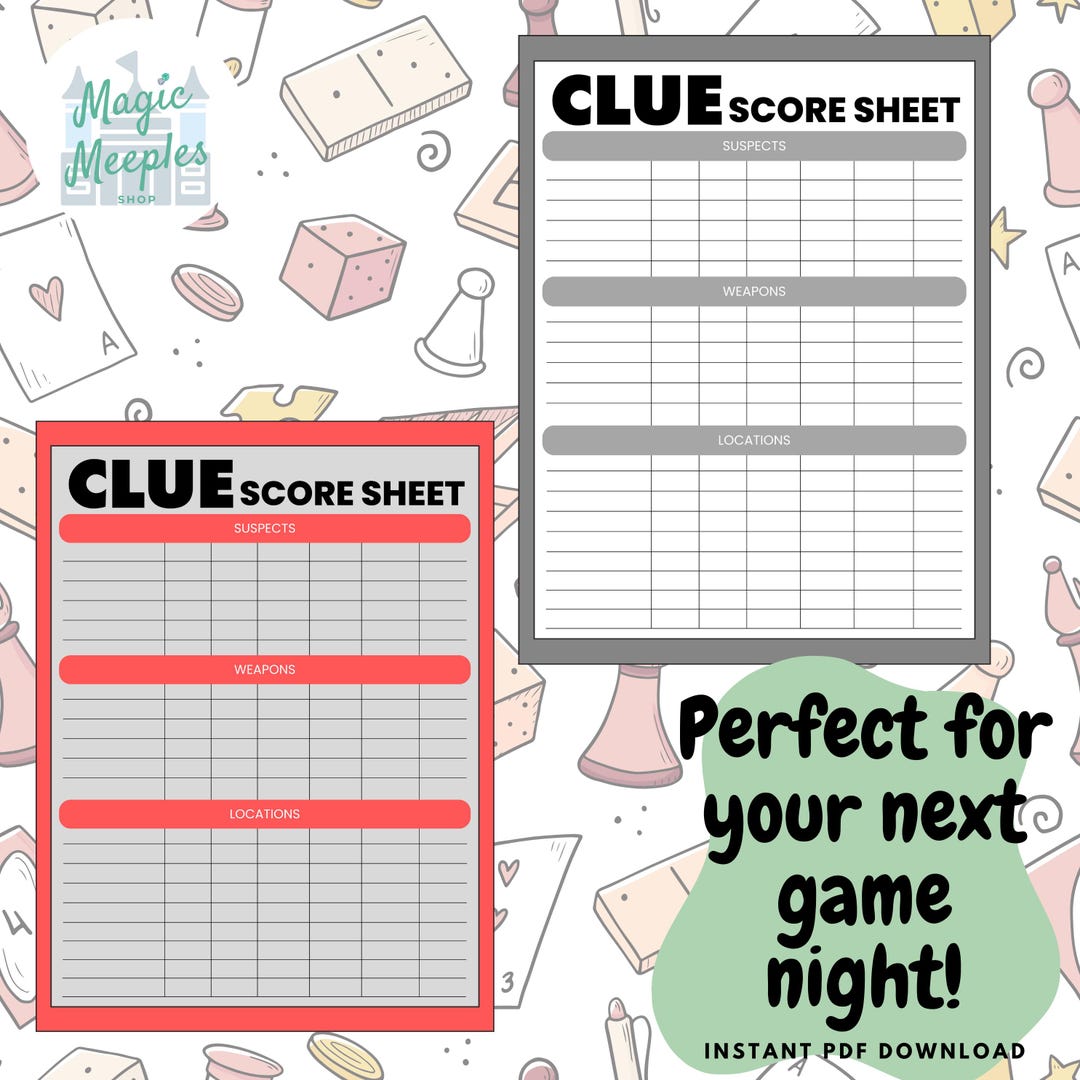 Clue Board Game Score Sheet, Printable Scorecard & Tracker for Easy ...