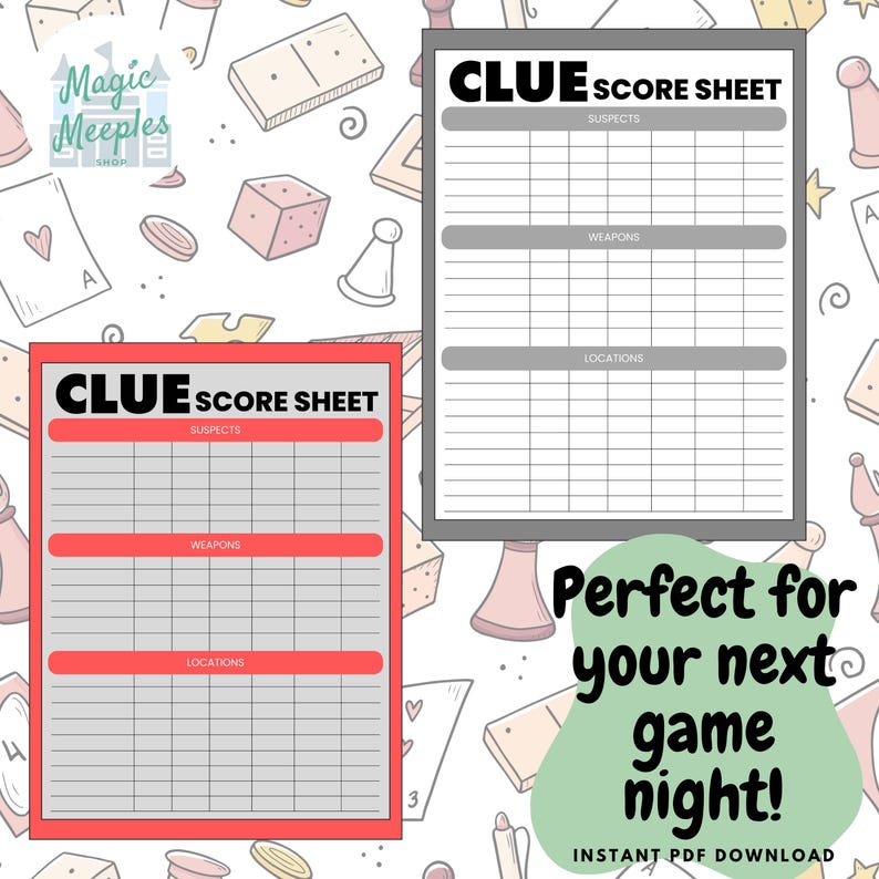 Clue Board Game Score Sheet, Printable Scorecard & Tracker for Easy ...