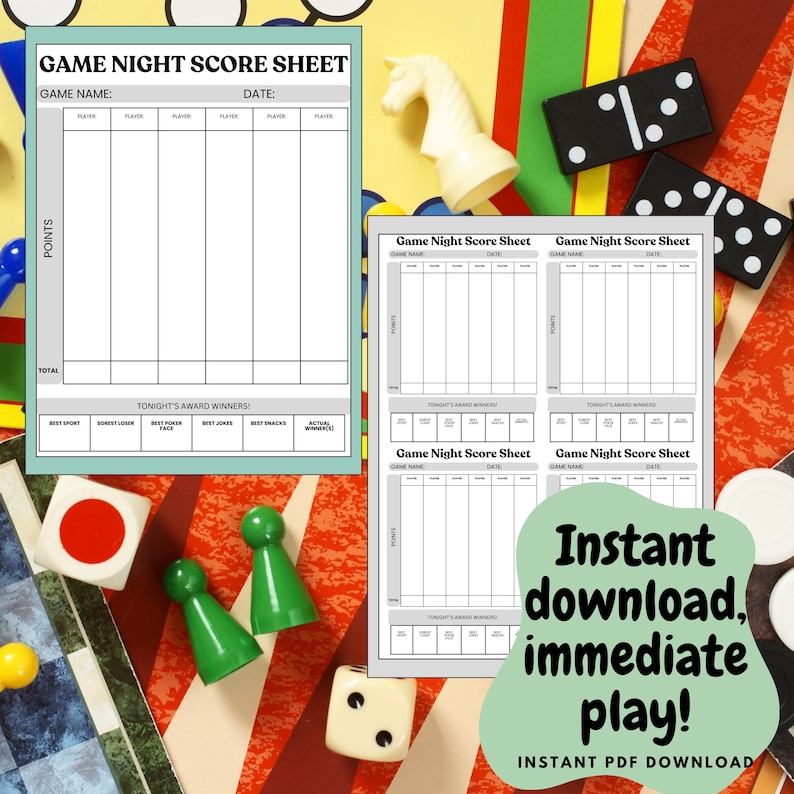 Printable Game Night Score Sheet PDF, Board & Card Games Score Tracker ...