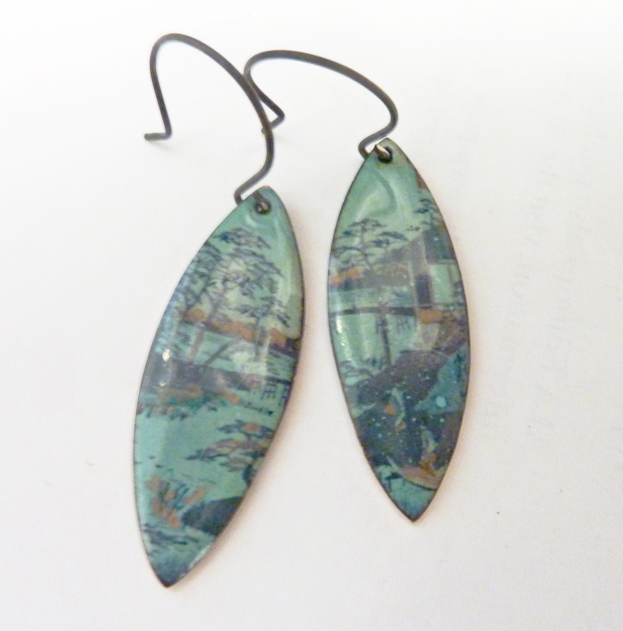 Japanese Landscape Earrings, Hand-enameled, Copper, Glass Enamel ...