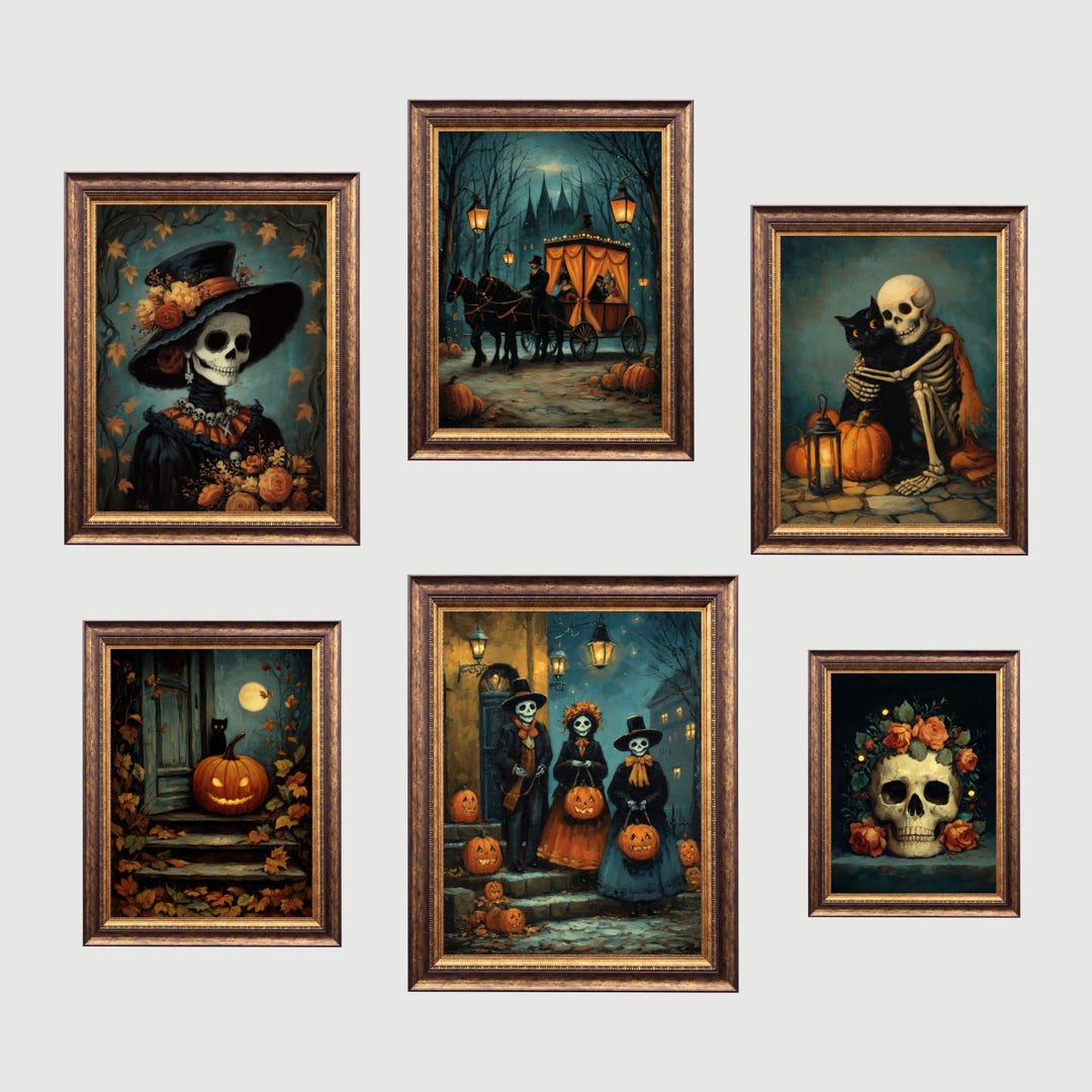 Halloween Gothic Wall Art Set: Skeleton, Pumpkin, Black Cat Prints ...