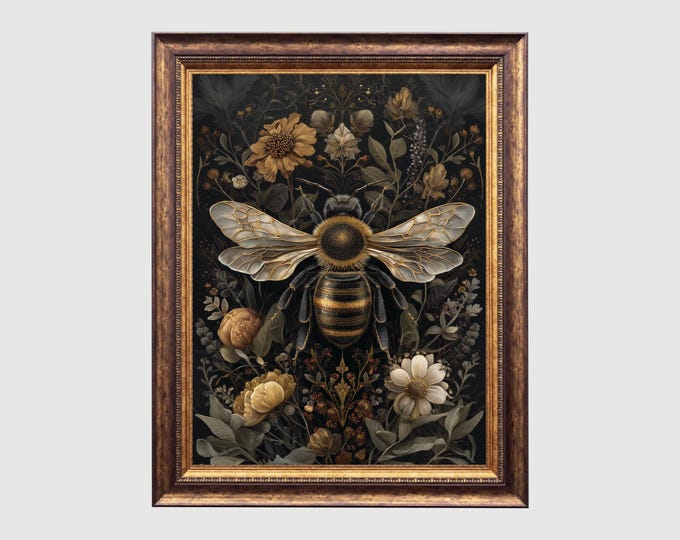 Boho Bee in Yellow Flower Print, Moody Bumlebee Decor, Botanical ...