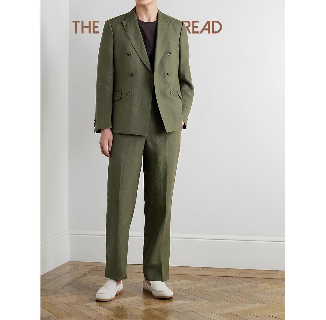 Men's Olive Green Linen Double-breasted Suit Lightweight Summer Suit ...